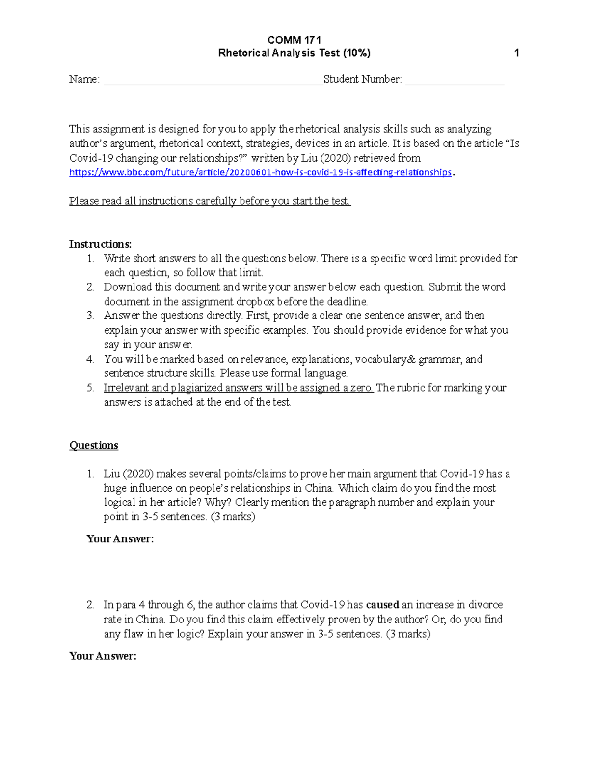 Rhetorical analysis test 10% - COMM 171 Rhetorical Analysis Test (10% ...