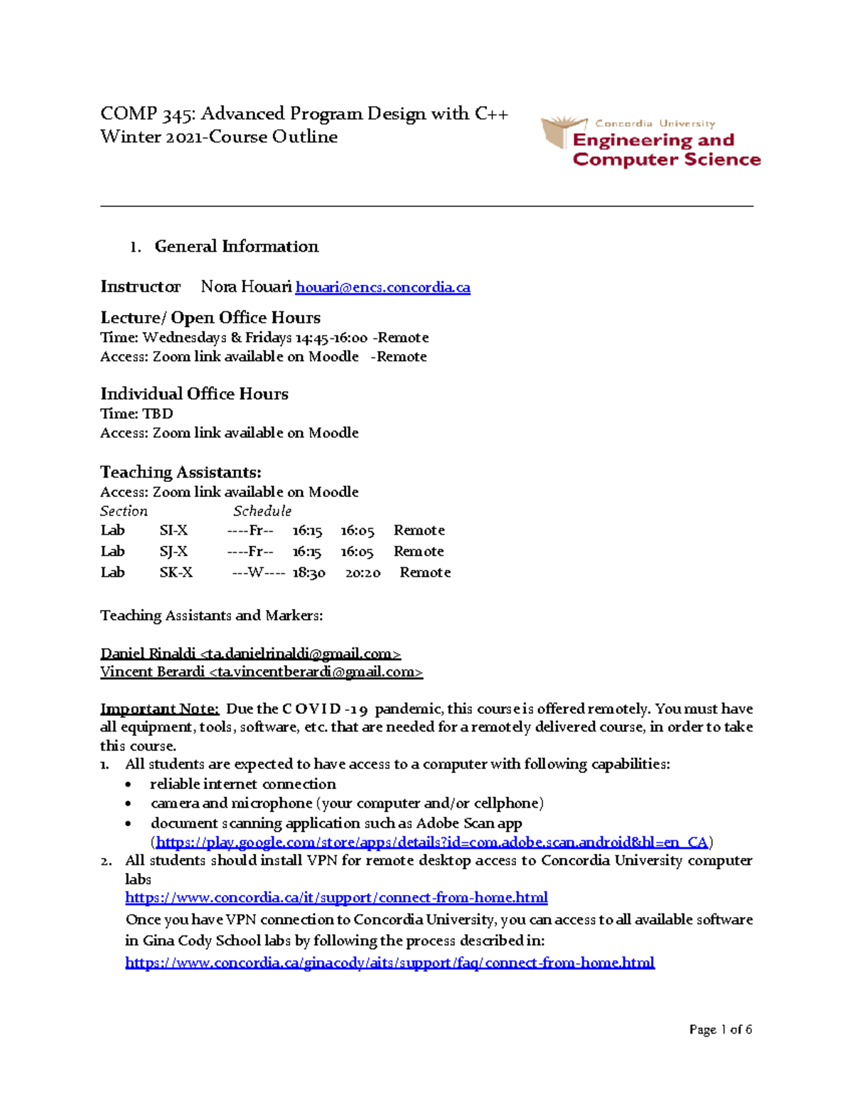 COMP345 W2021 Outline - COMP 345: Advanced Program Design with C++ Winter 2021-Course Outline ...