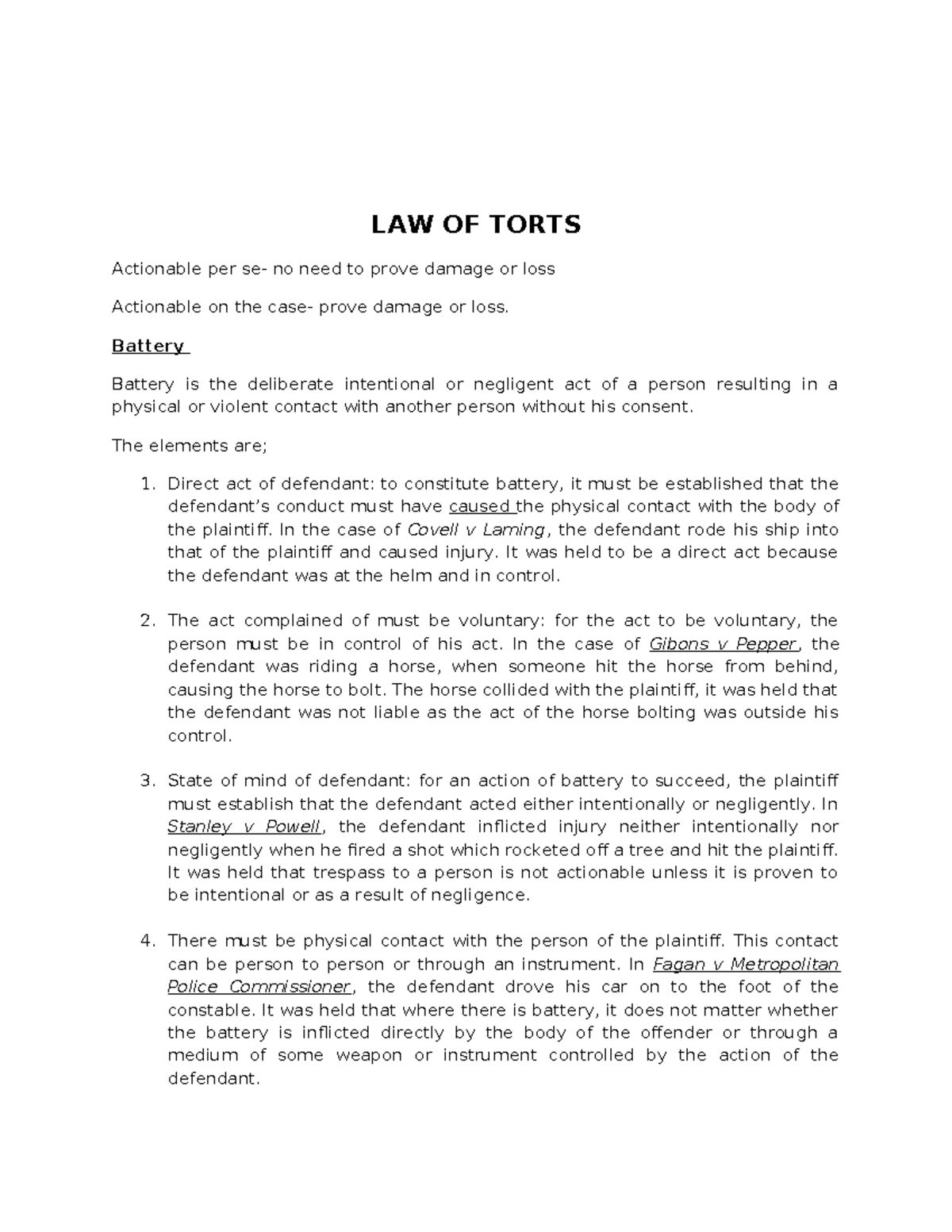 LAW OF Torts 1 - Help with studies. - LAW OF TORTS Actionable per se ...