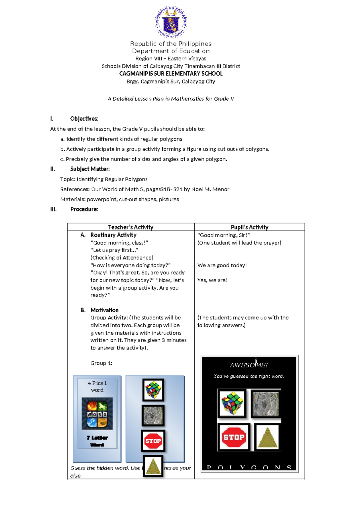 Lesson Plan Math - Republic of the Philippines Department of Education ...