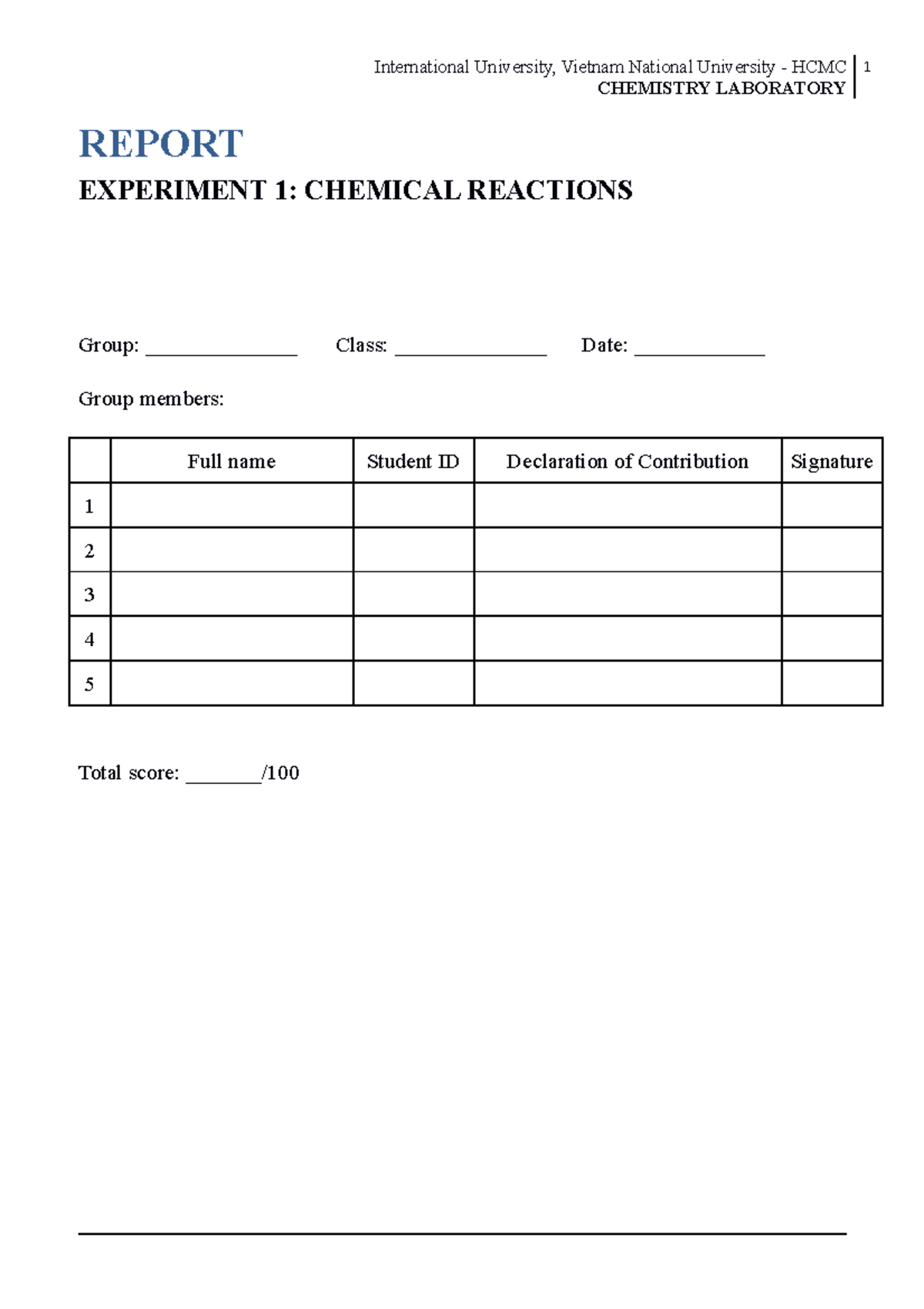 [CHEM LAB] Report Template - CHEMISTRY LABORATORY REPORT EXPERIMENT 1 ...