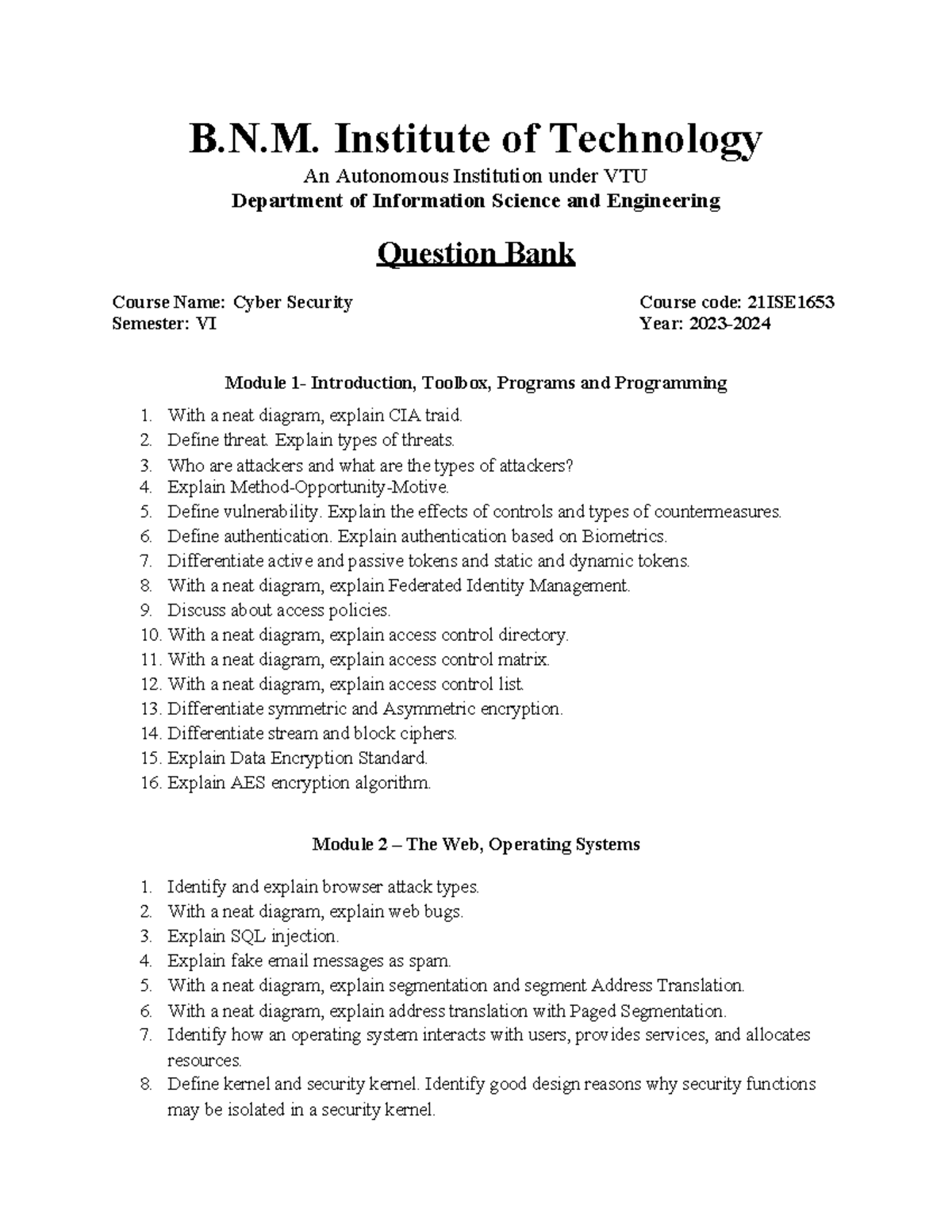 Cyber security Question BANK - B.N. Institute of Technology An ...