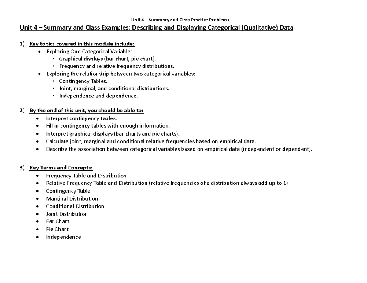 Unit 4 (Module 2-1) - Class Practice Problems - Unit 4 – Summary and Class Examples: Describing ...