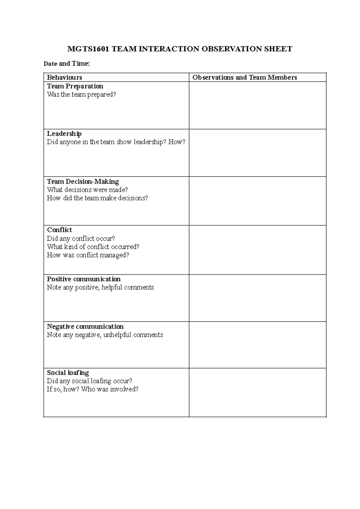 MGTS1601 TEAM Interaction Observation Sheet - MGTS1601 TEAM INTERACTION ...