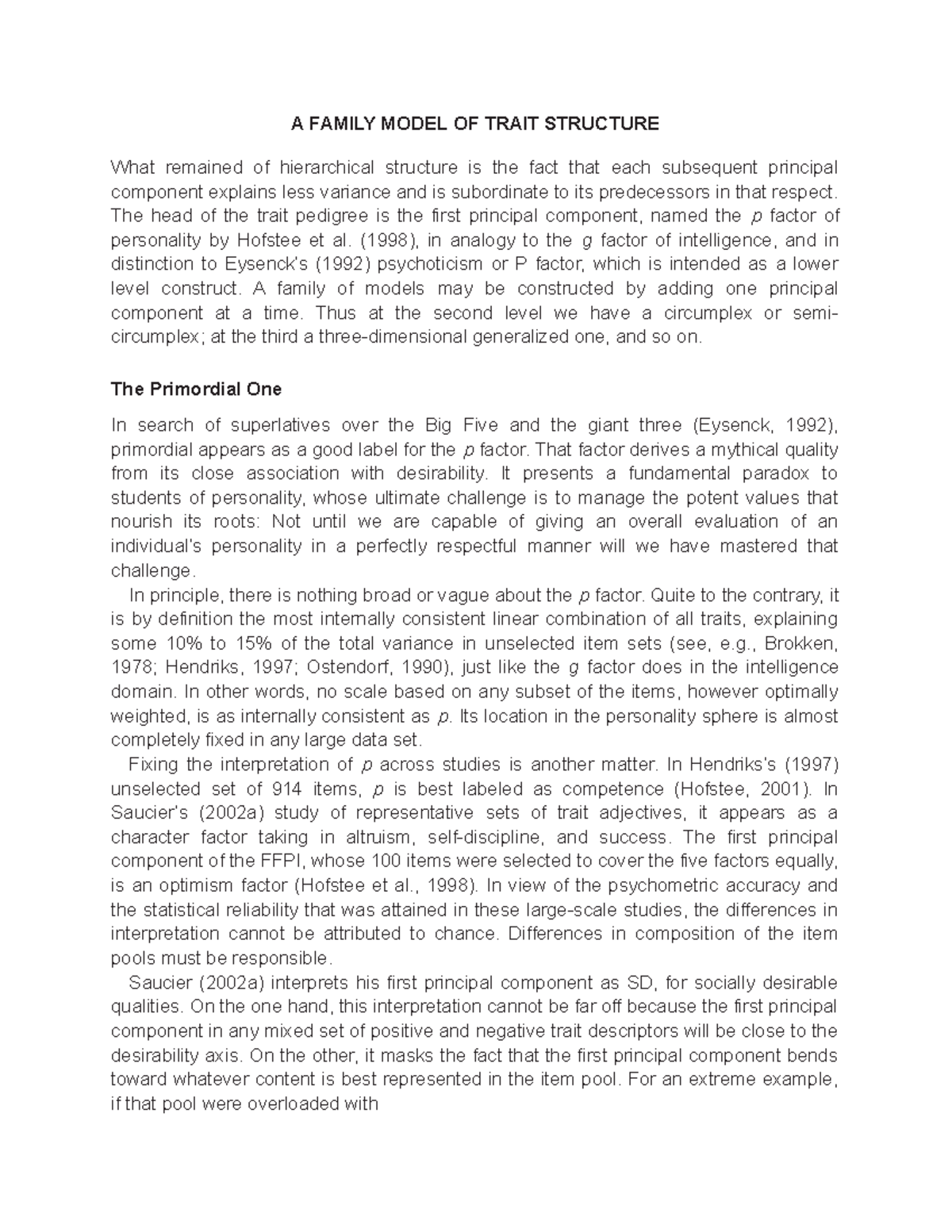 10.7 Structures of Personality Traits - A FAMILY MODEL OF TRAIT ...