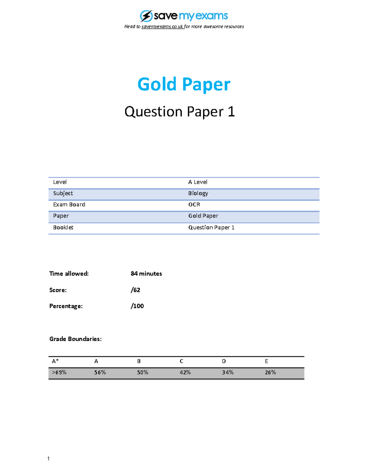 Gold-Paper-1 Topic-Booklet OCR-A-Level-Biology - Question Paper 1 Gold ...