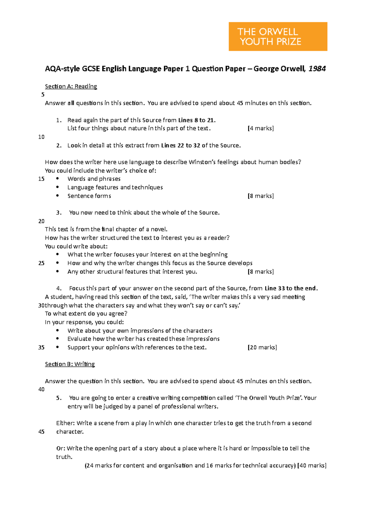 AQA Practice Paper - AQA-style GCSE English Language Paper 1 Question ...