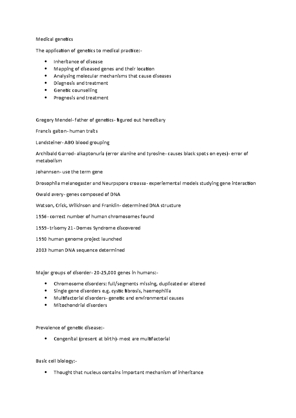 lecture 1 notes - Medical genetics The application of genetics to ...