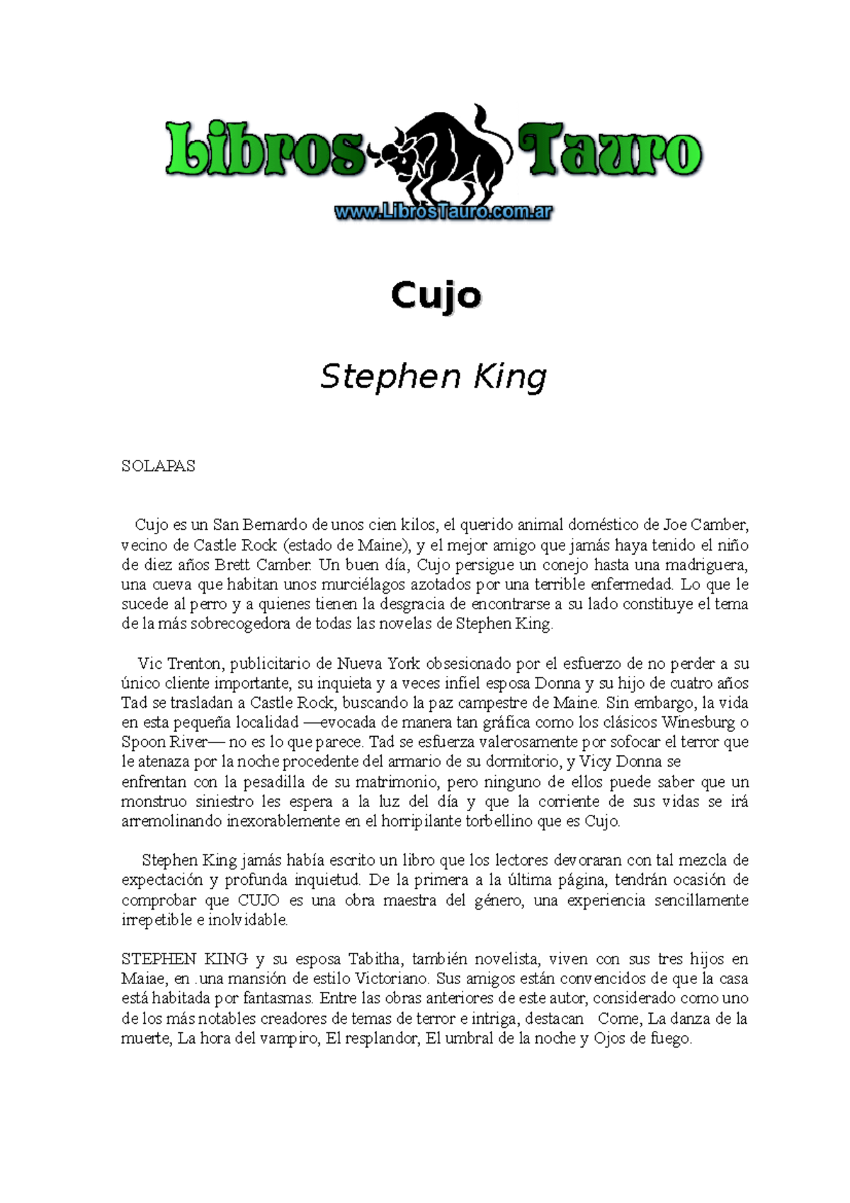 King, Stephen - Cujo - tyryrte - CujoCujo Stephen King SOLAPAS Cujo es ...