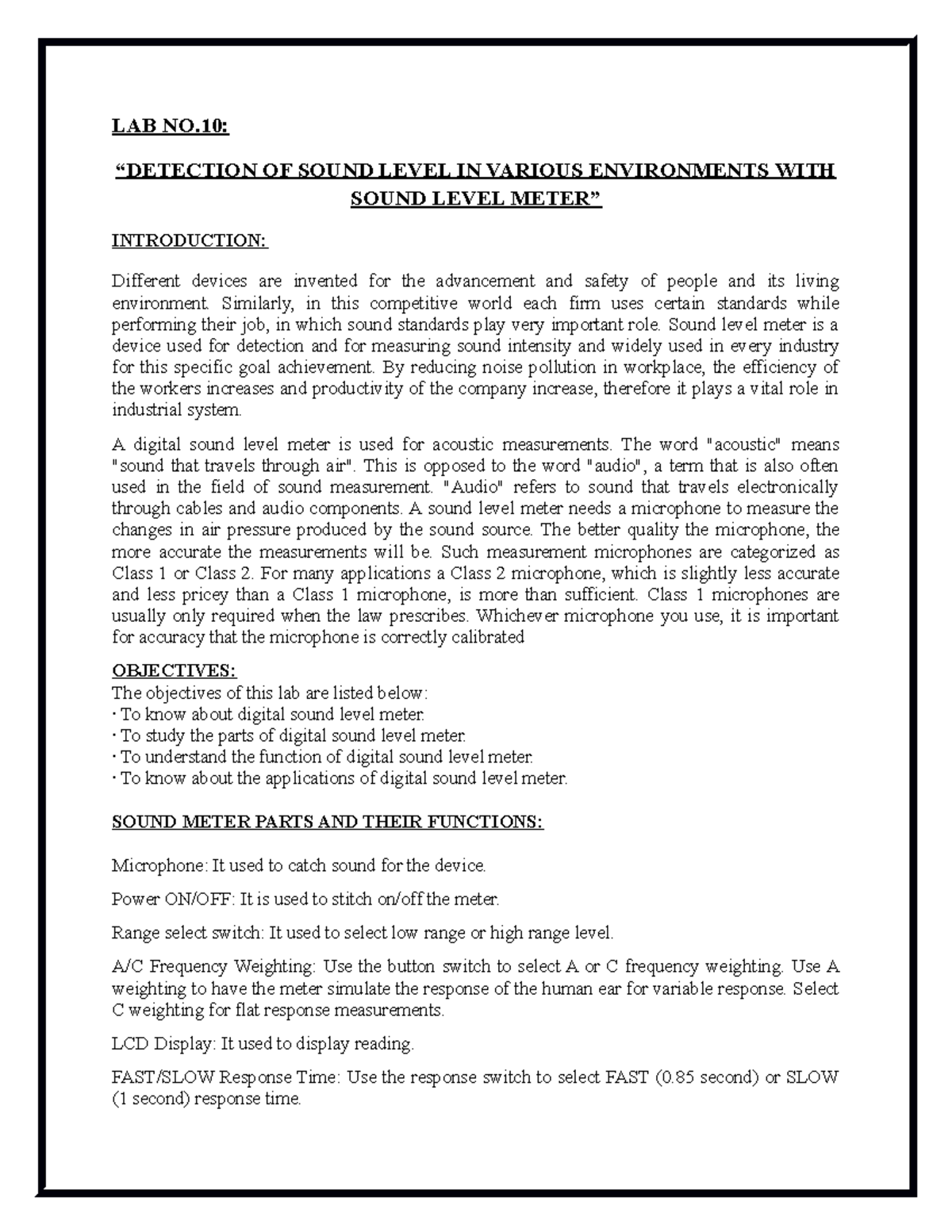 Former marketing manager - LAB NO: “ DETECTION OF SOUND LEVEL IN ...
