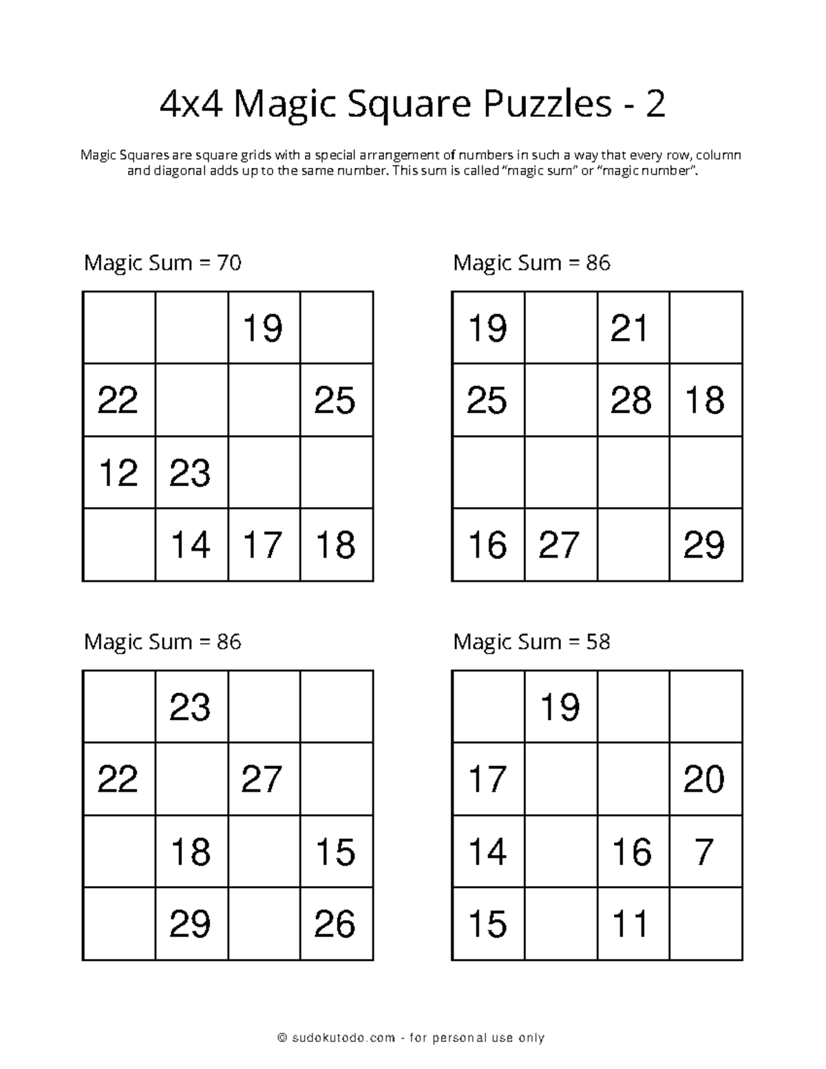 4 magic square 2 - © sudokutodo - for personal use only Magic Squares ...