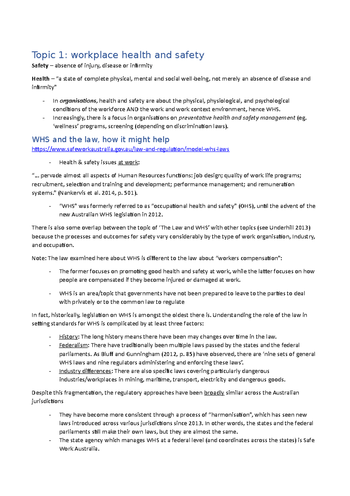 Topic 1 WHS - Topic 1: workplace health and safety Safety – absence of ...