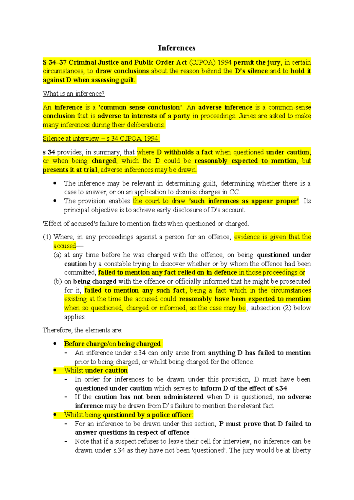 Workshop 11 Notes Inferences - Inferences S 34–37 Criminal Justice and Public Order Act (CJPOA ...