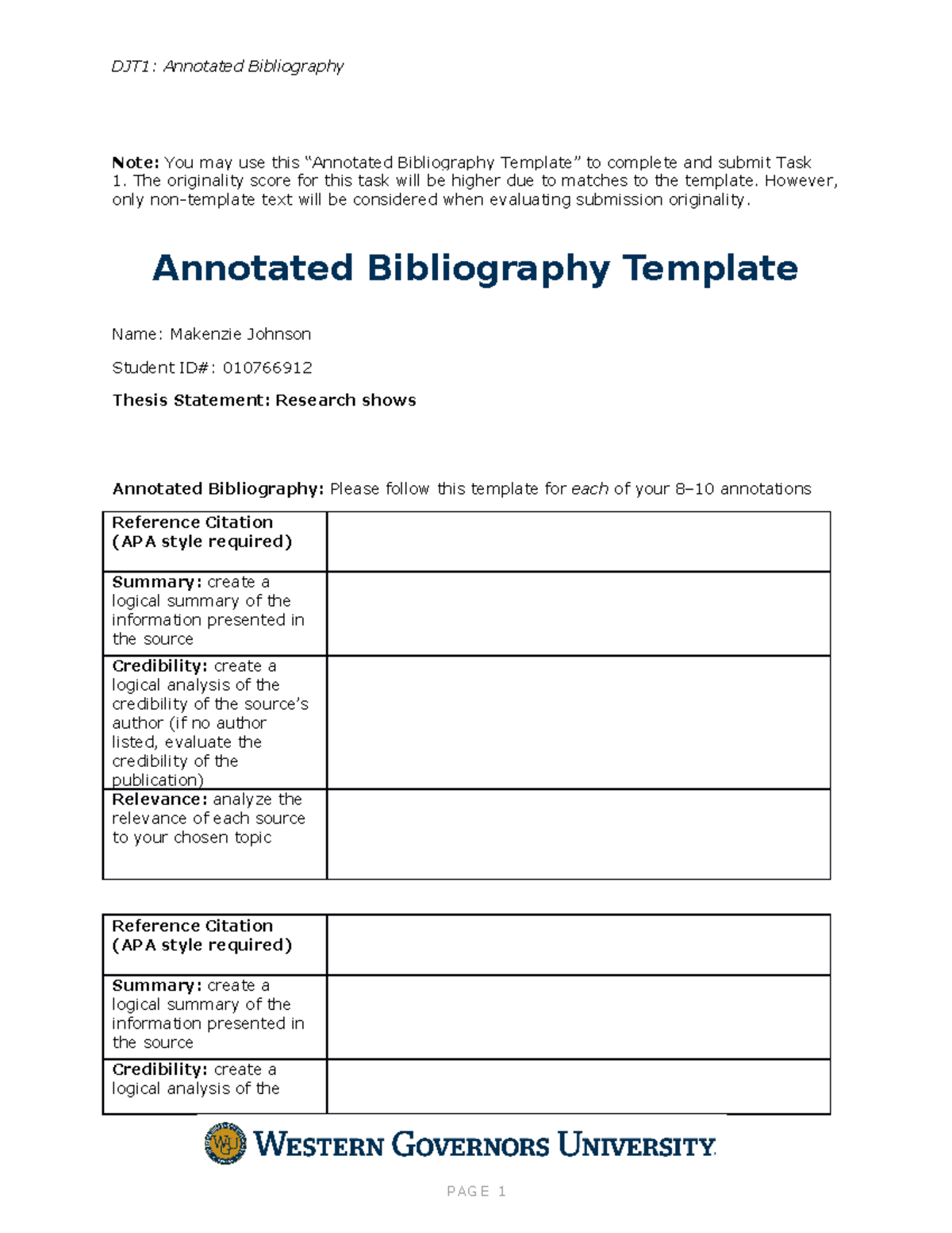 Annotated Bibliography Template - However, only non-template text will ...