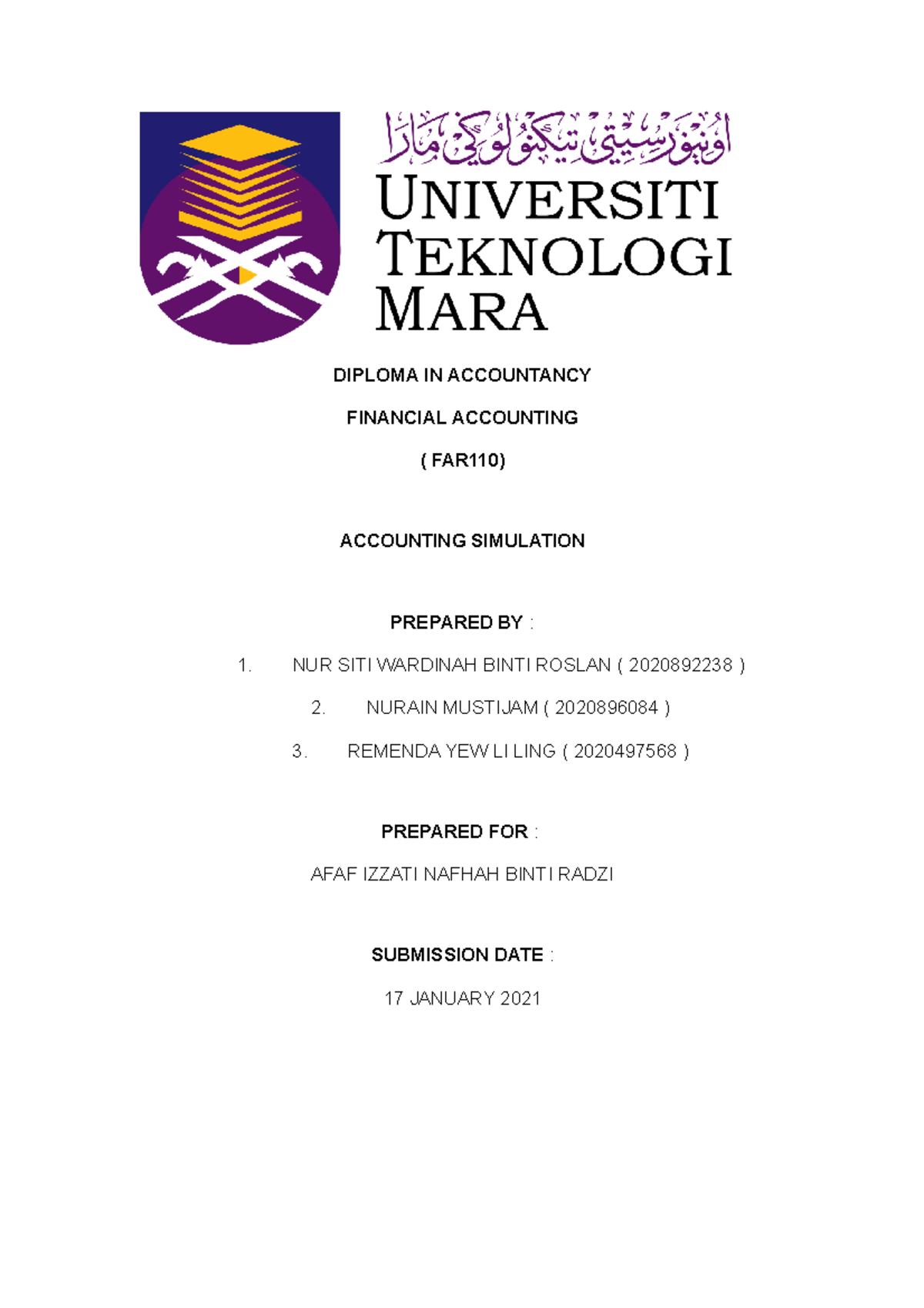 FAR110 Assignment ( 2020 ) ASSIGNMENT example - DIPLOMA IN ACCOUNTANCY ...