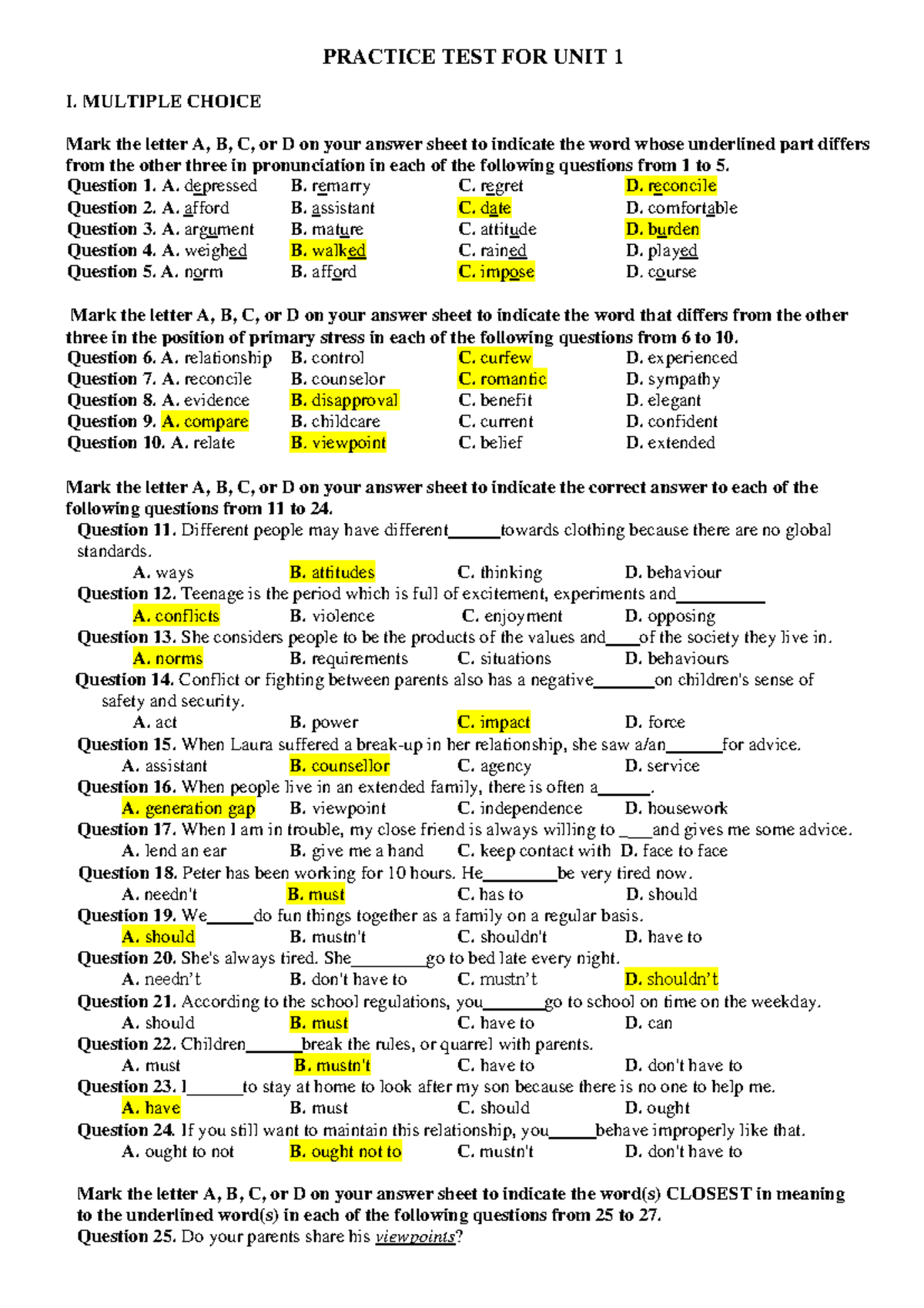 Practice TEST FOR UNIT 1-đã chuyển đổi - PRACTICE TEST FOR UNIT 1 I ...