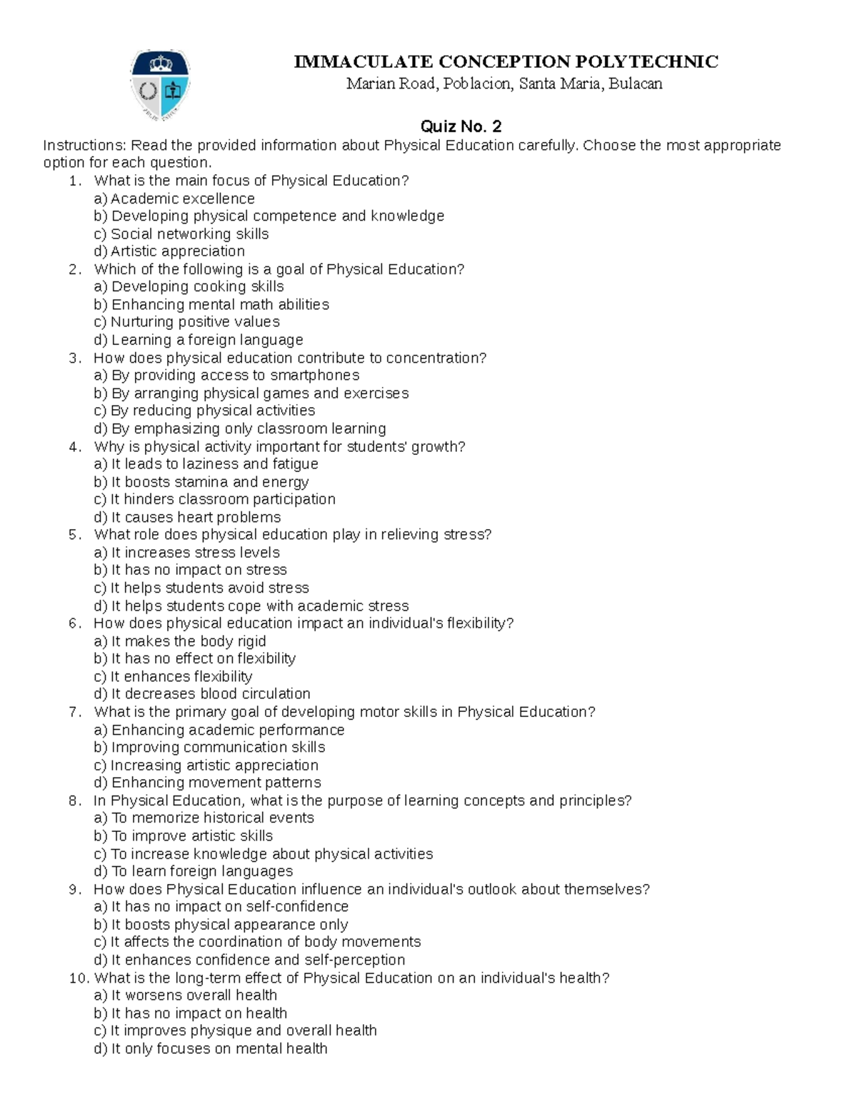 Quiz 2 - llll - IMMACULATE CONCEPTION POLYTECHNIC Marian Road ...