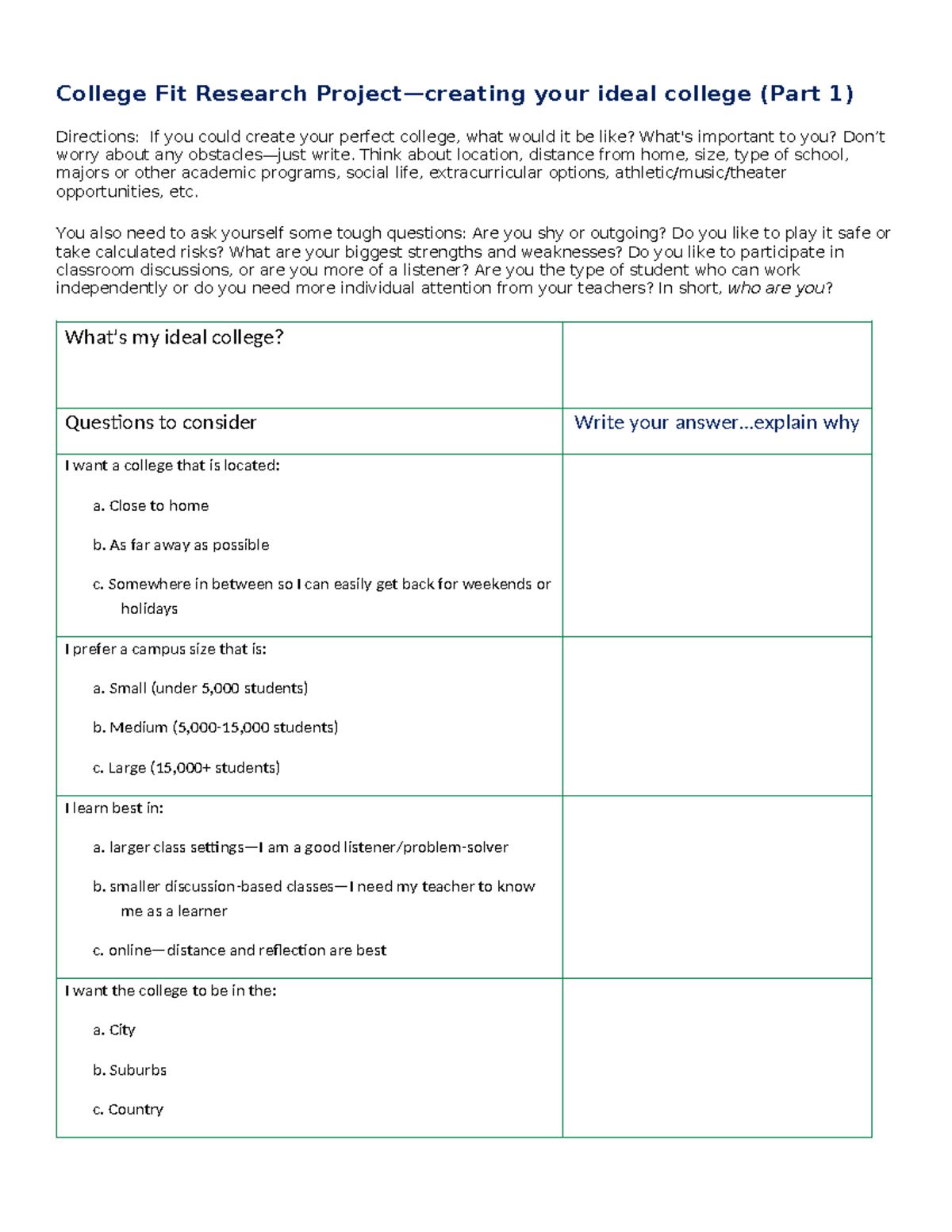 Copy of College Fit Research Project Part 1-creating an ideal college ...