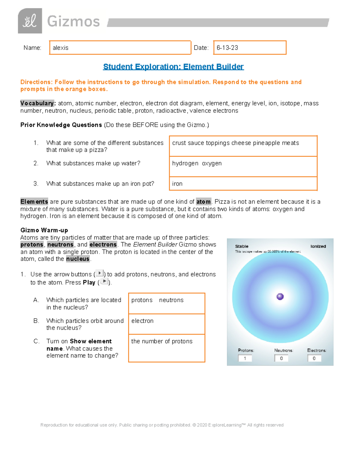 Copy of Gizmo - Element Builder - Name: alexis Date: 6-13- Student ...