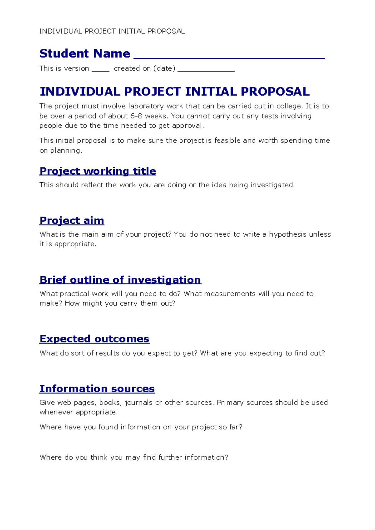 Project initial proposal Student Guide 2018-2019 - INDIVIDUAL PROJECT ...
