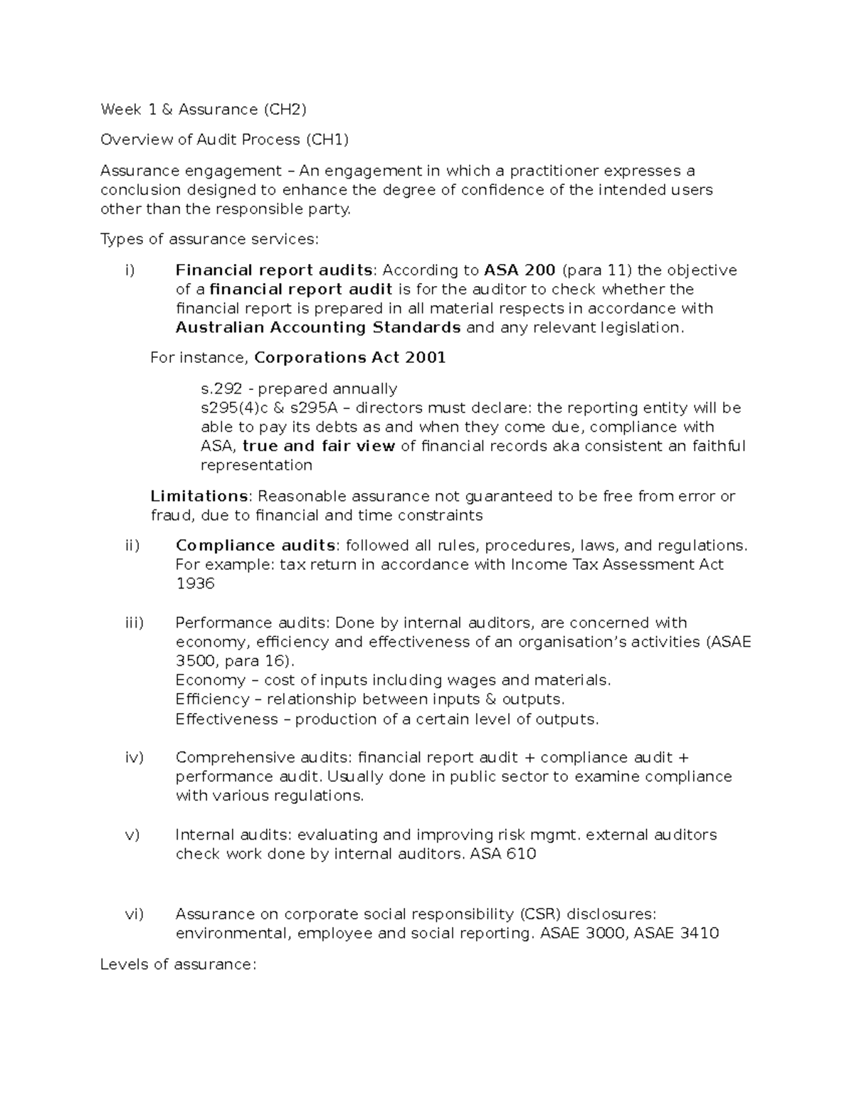 Audit Week 1-3 Notes - Week 1 & Assurance (CH2) Overview of Audit ...