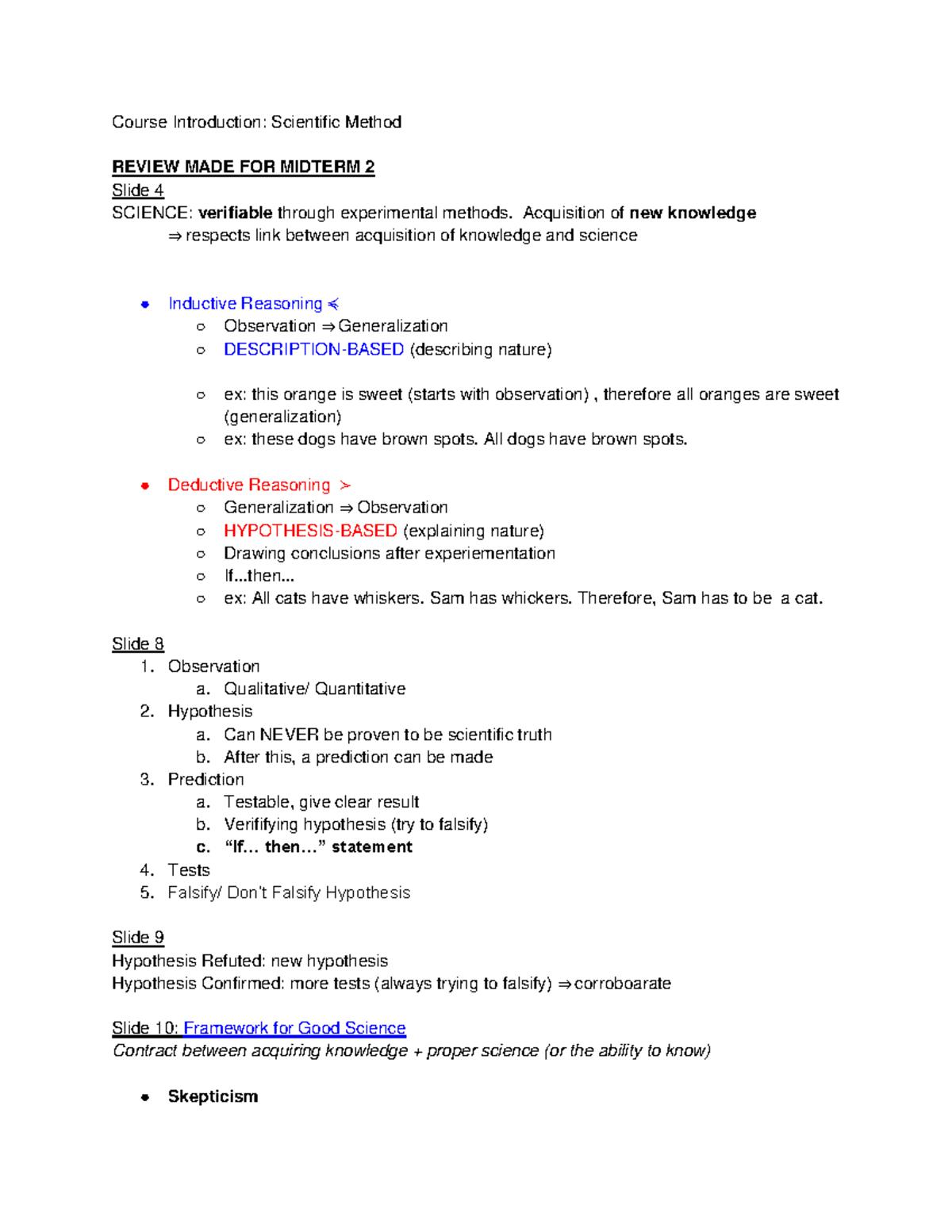BIO1130 notes final - Course Introduction: Scientific Method REVIEW ...