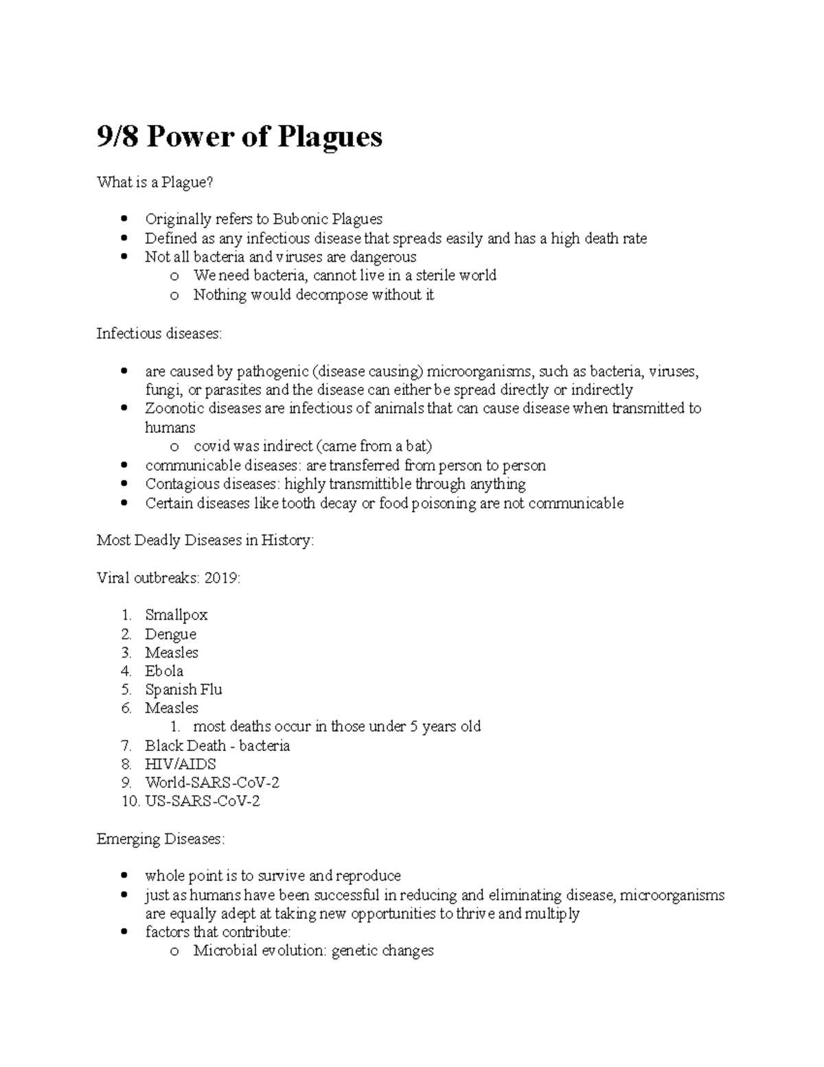 9 8 class notes - 9/8 Power of Plagues What is a Plague? Originally ...