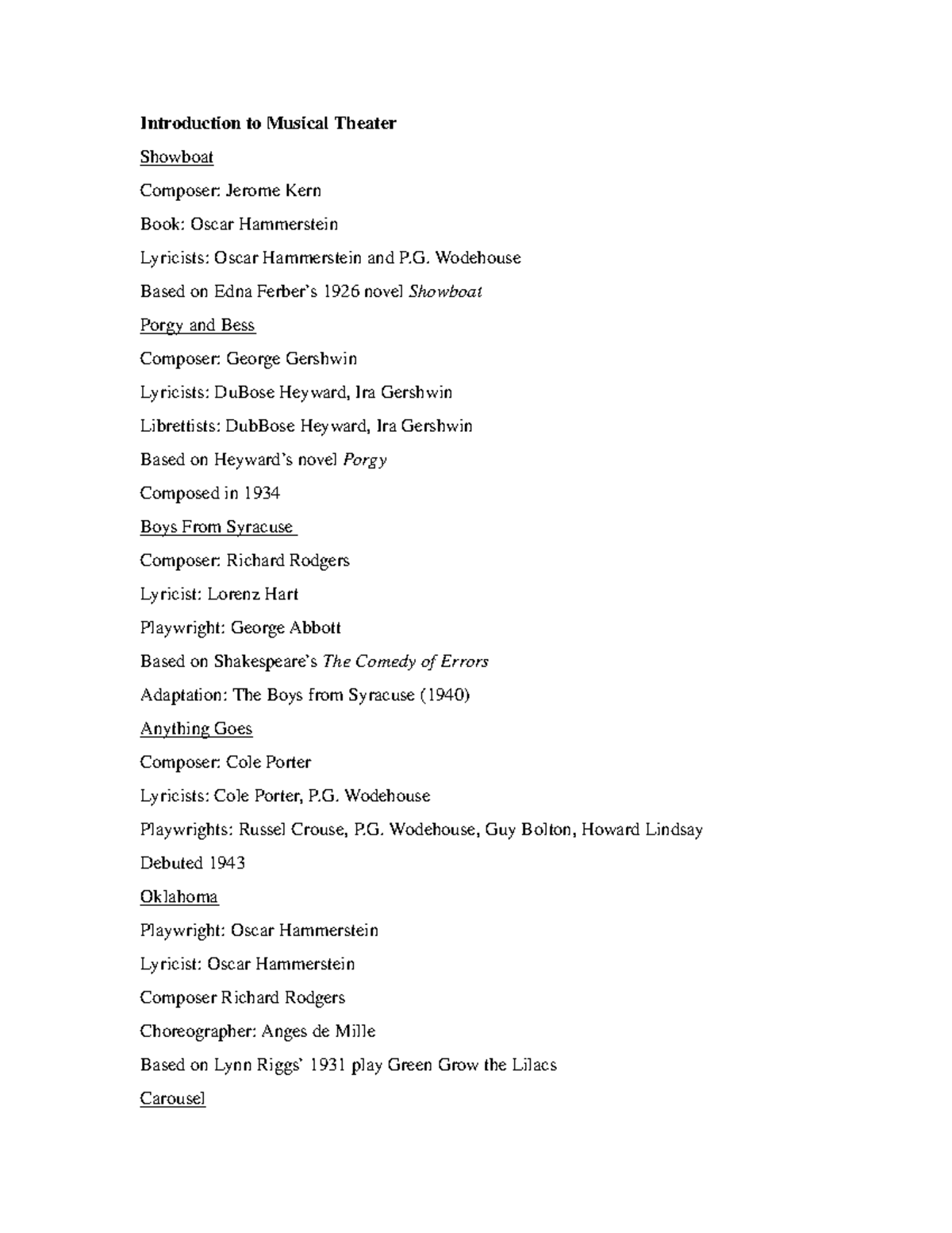 Introduction to Musical Theater - Introduction to Musical Theater ...