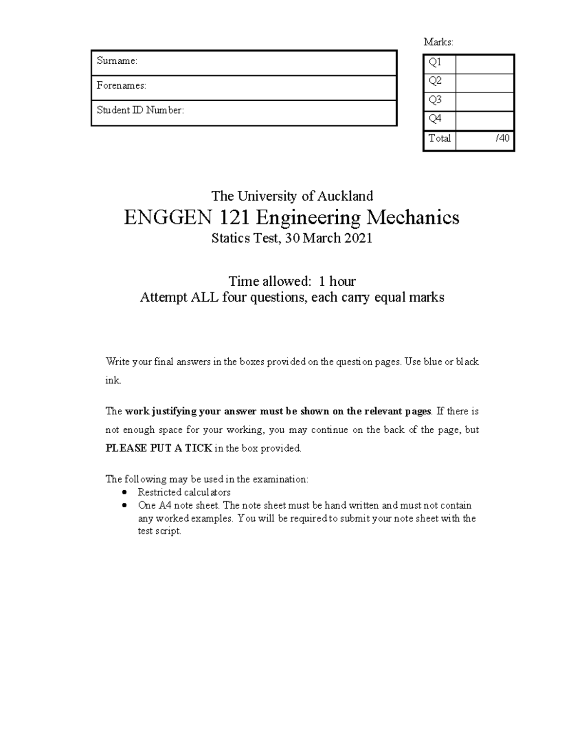 2021 enggen 121 statics test - Surname: Forenames: Student ID Number: Q ...