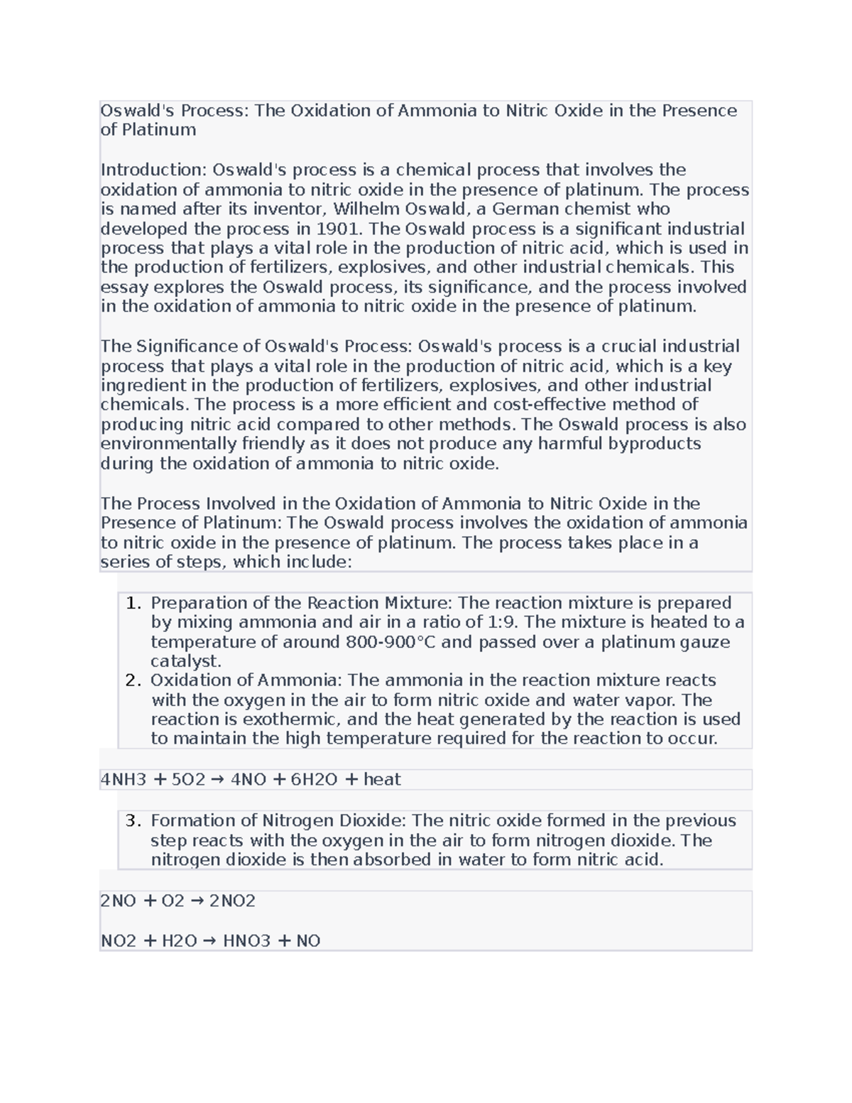Oswald - Oswald's Process: The Oxidation of Ammonia to Nitric Oxide in ...