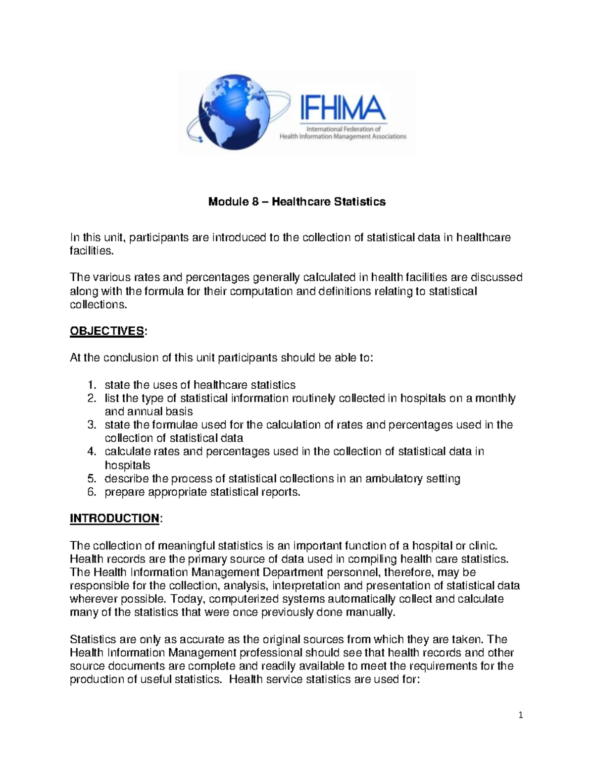 Learning Module Number 8 Healthcare Statistics - Module 8 – Healthcare ...