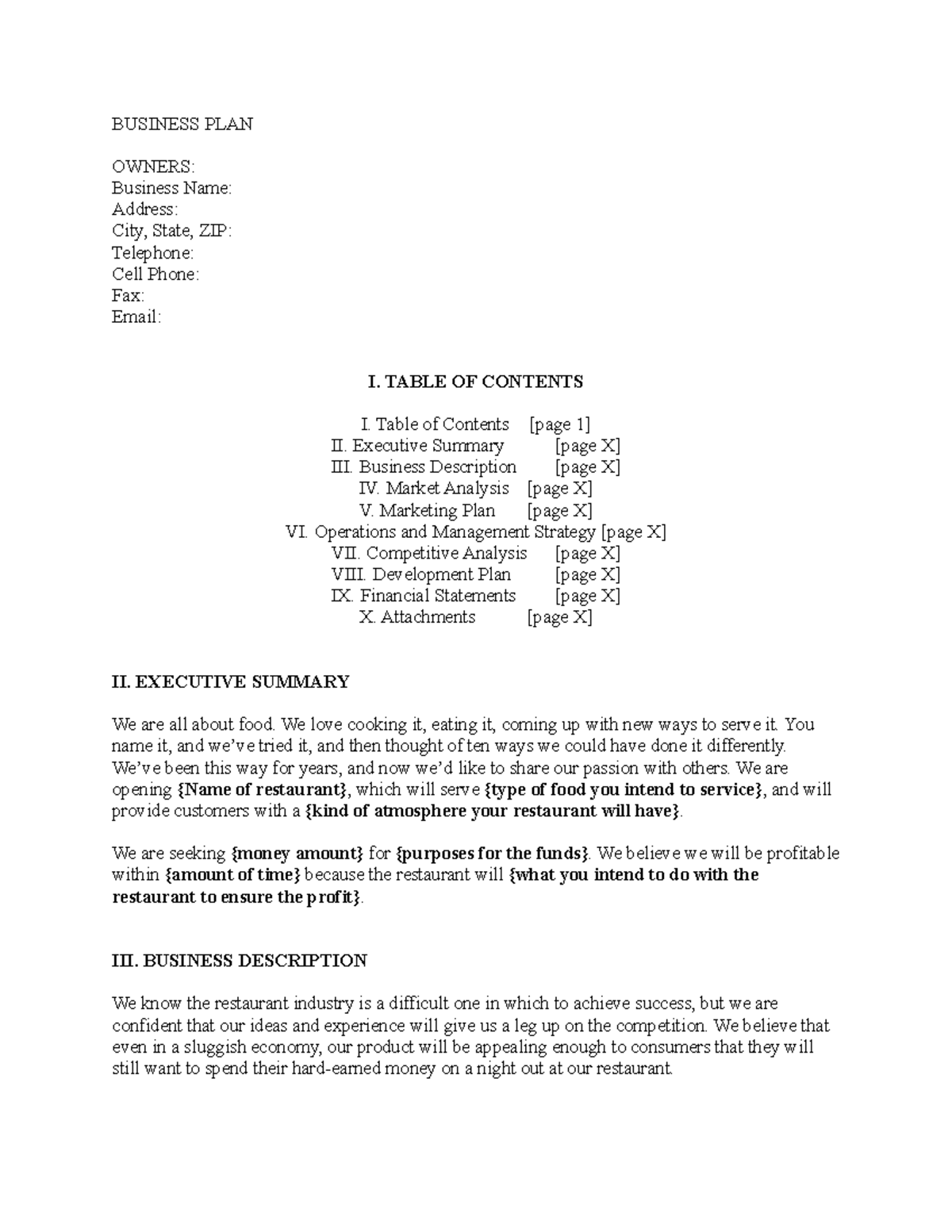 Restaurant Business Plan - BUSINESS PLAN OWNERS: Business Name: Address ...