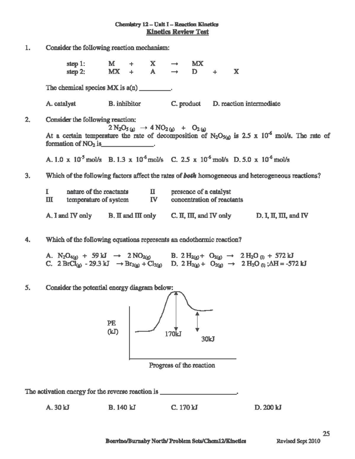0222 - Kinetics Practice Test - Chemistry 12 Unit I Reaction Kinetics ...