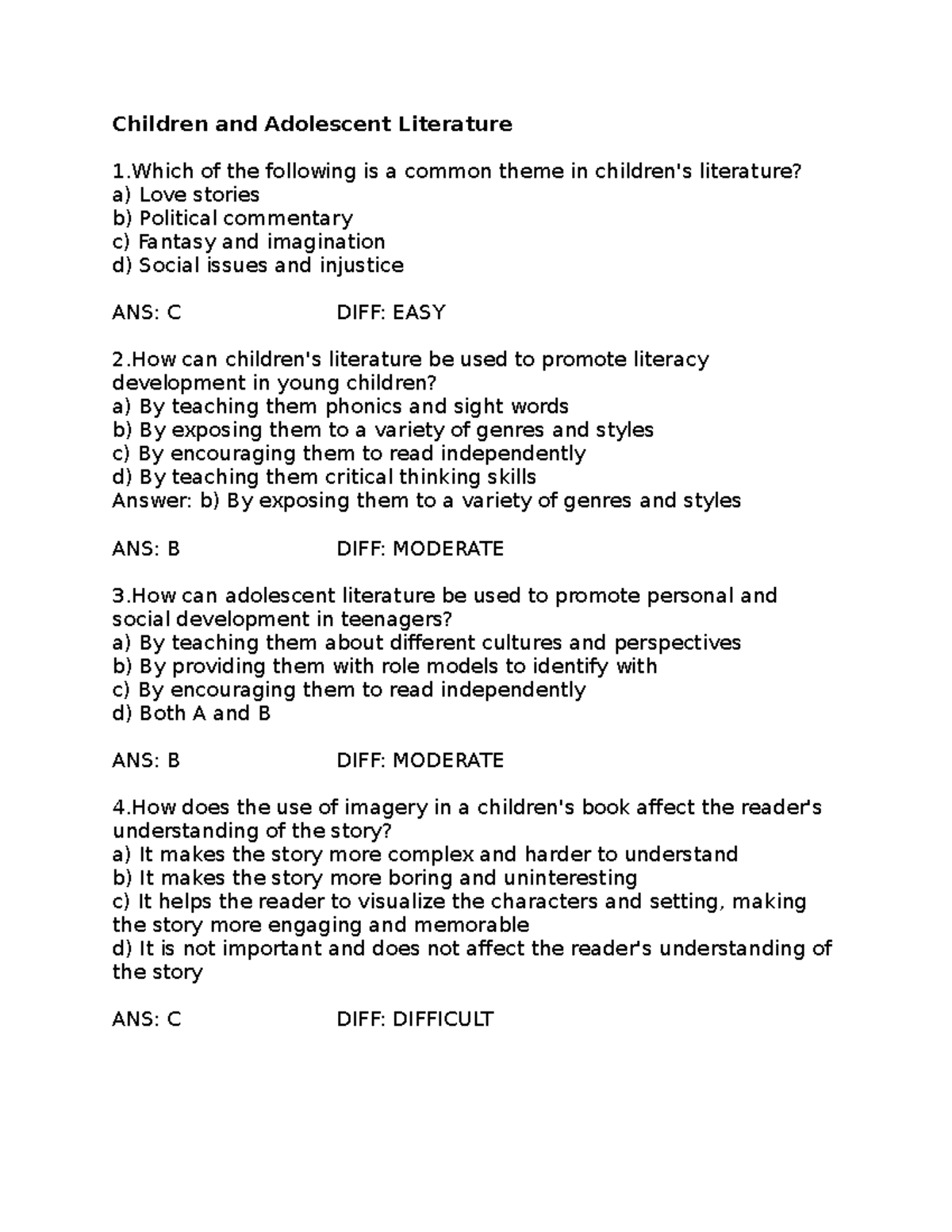 Children and Adolescent Literature - Studocu