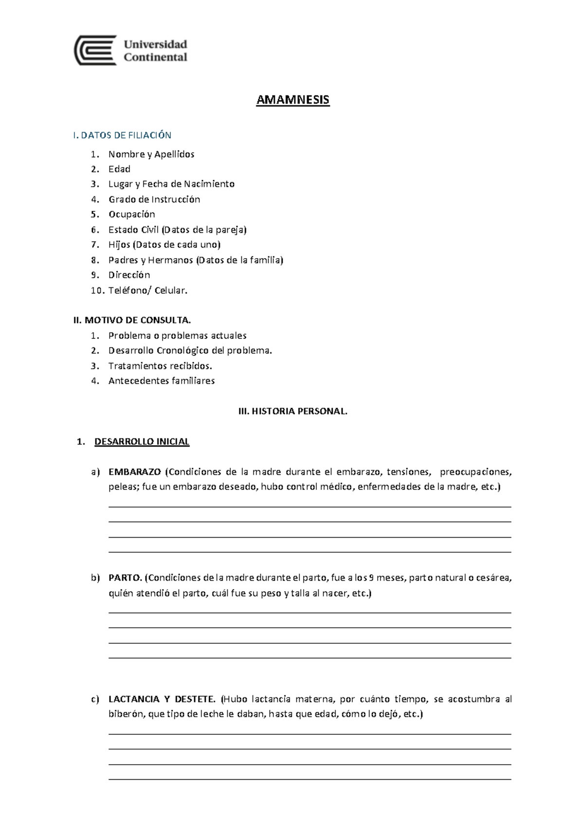 Formato DE Amamnesis - psicologia - AMAMNESIS I. DATOS DE FILIACIÓN ...