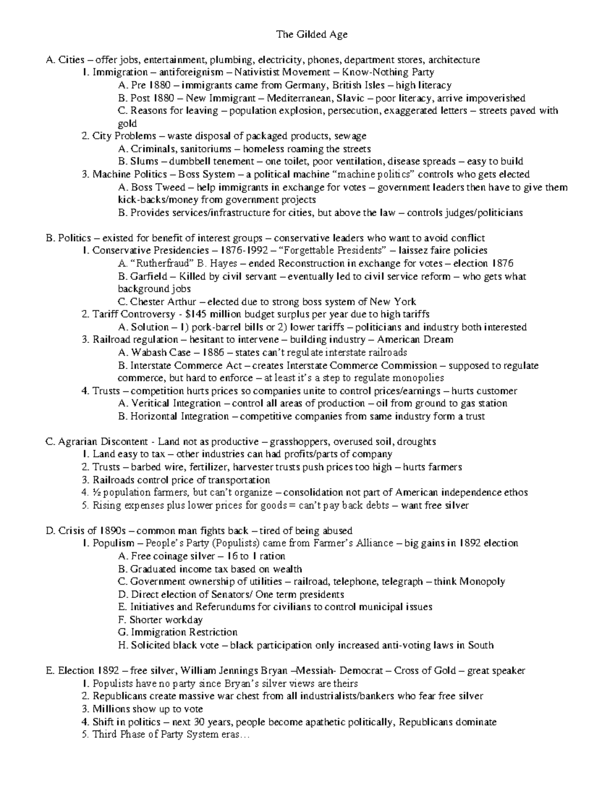 Outline 17Gilded Age - Summarized notes for Chapter 17 - The Gilded Age ...