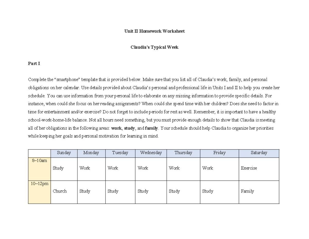 74510 - Term paper - Unit II Homework Worksheet Claudia’s Typical Week ...