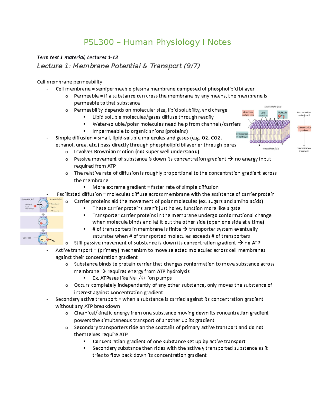 PSL300 notes - Term test 1 material, Lectures 1- Lecture 1: Membrane ...