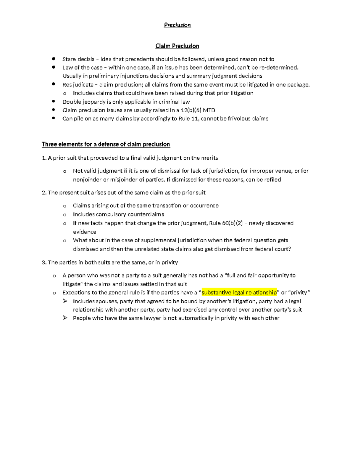 Preclusion Notes - Preclusion Claim Preclusion Stare decisis – idea ...