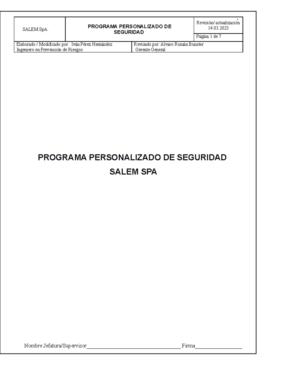 Programa Personalizado de Seguridad - SALEM SpA. PROGRAMA PERSONALIZADO DE SEGURIDAD Revisión ...