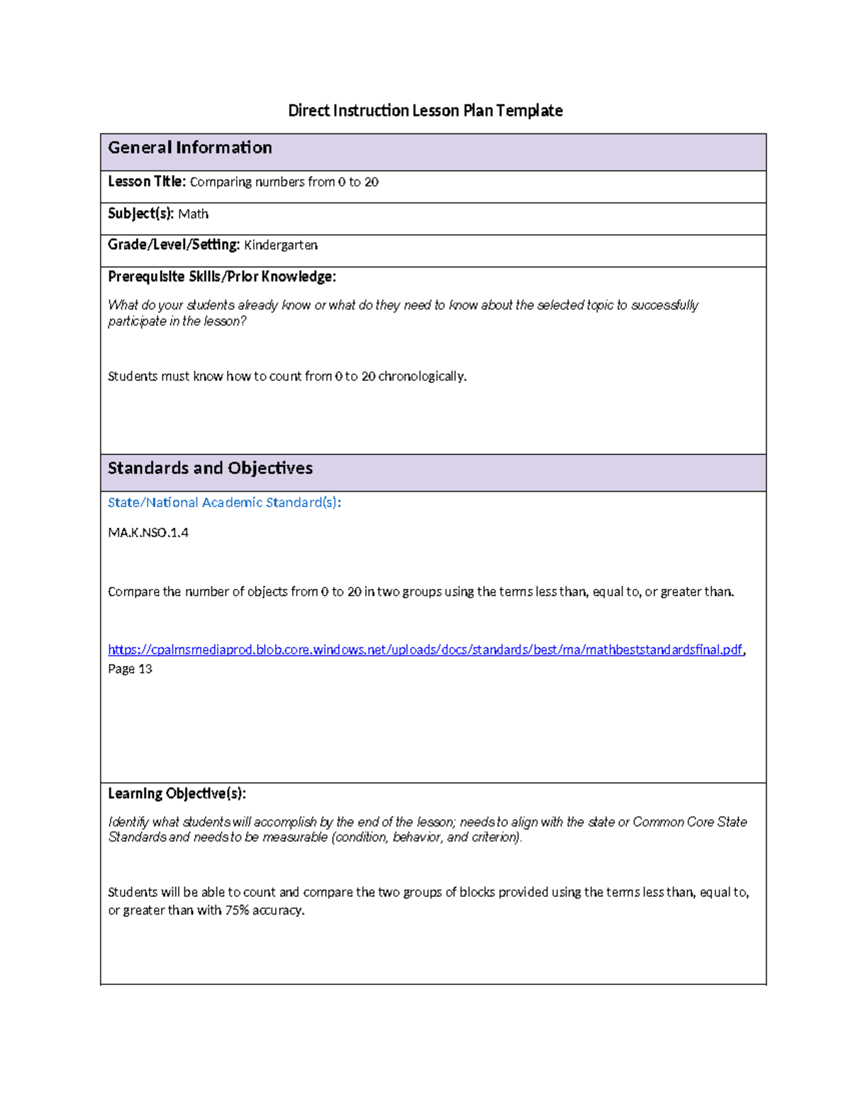 Elementary Mathematics Direct Instructional Lesson plan - Direct ...