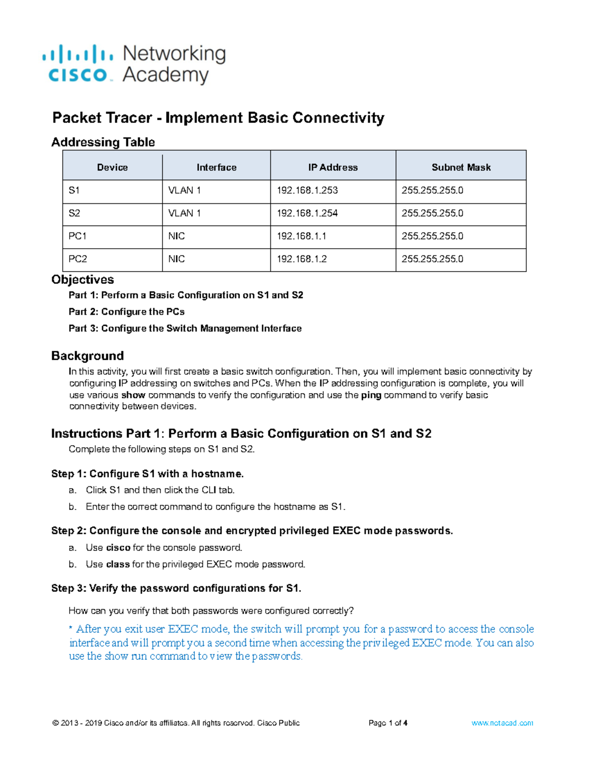 Packet Tracer 2.7.6 - Packet Tracer - Implement Basic Connectivity ...