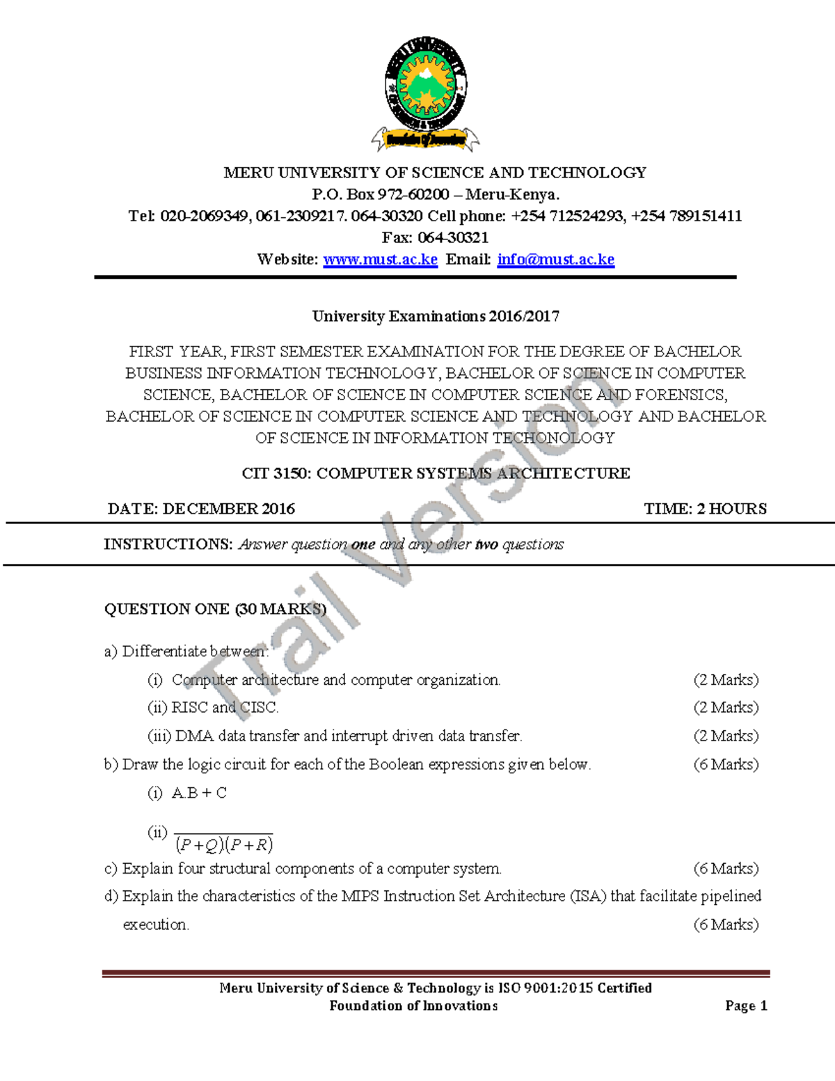 CIT 3150 Computer Systems Architecture 1 - Meru University of Science & Technology is ISO - Studocu