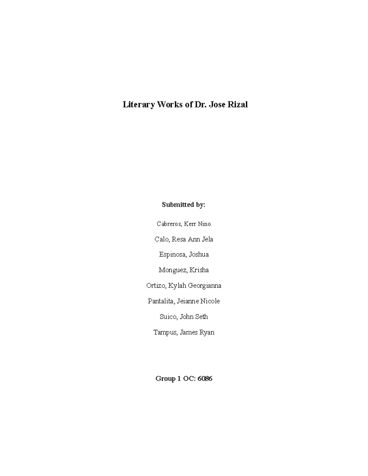 Rizal Notes - Literary Works of Dr. Jose Rizal Submitted by: Cabreros ...