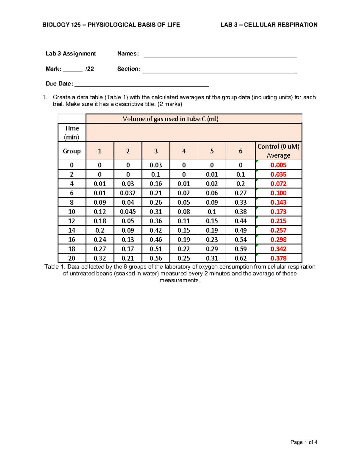 Lab 3 Assignment Biol 126 - Lab 3 Assignment Names: Mark: ______ /22 Section: Due Date: - Studocu
