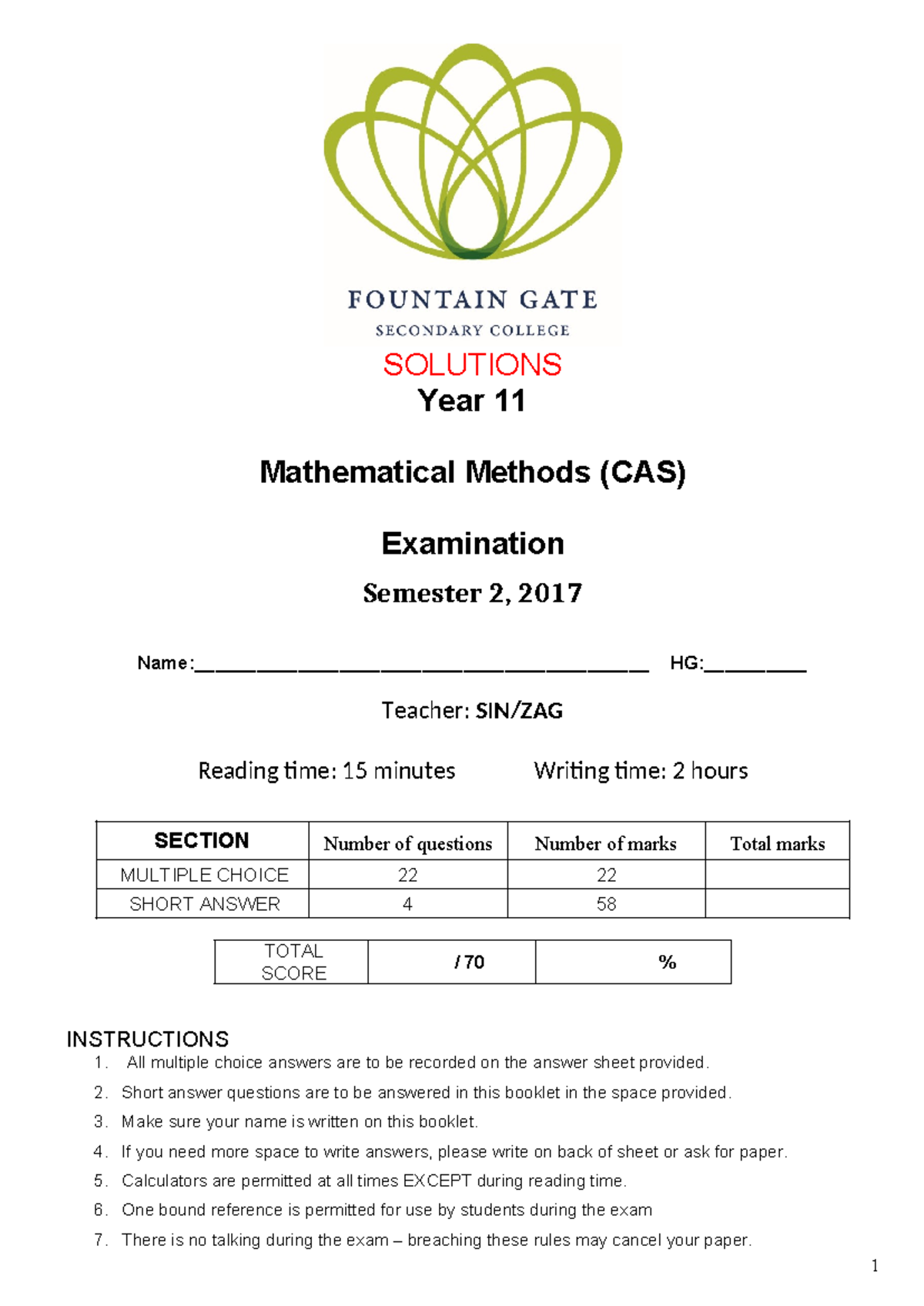 2018 Maths Methods EXAM 2 sem 2 - solutions - SOLUTIONS Year 11 ...