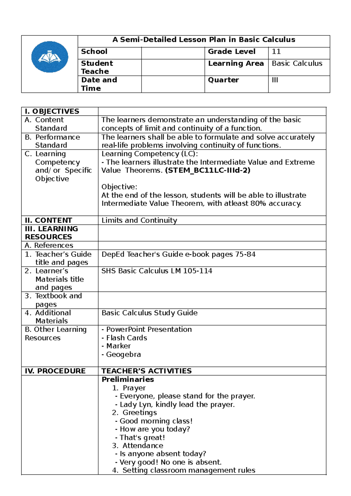 Lesson PLAN MATH - Formulas - A Semi-Detailed Lesson Plan in Basic ...