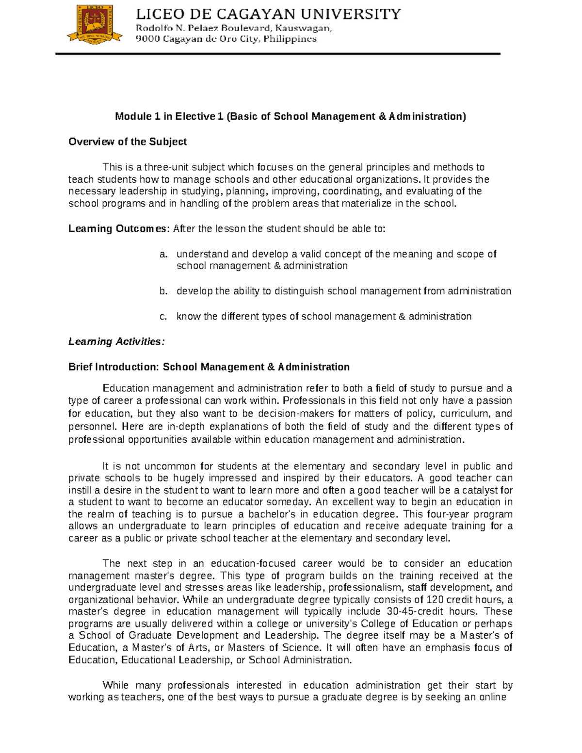 Module 1- week 1 & 2 - Module 1 in Elective 1 (Basic of School ...