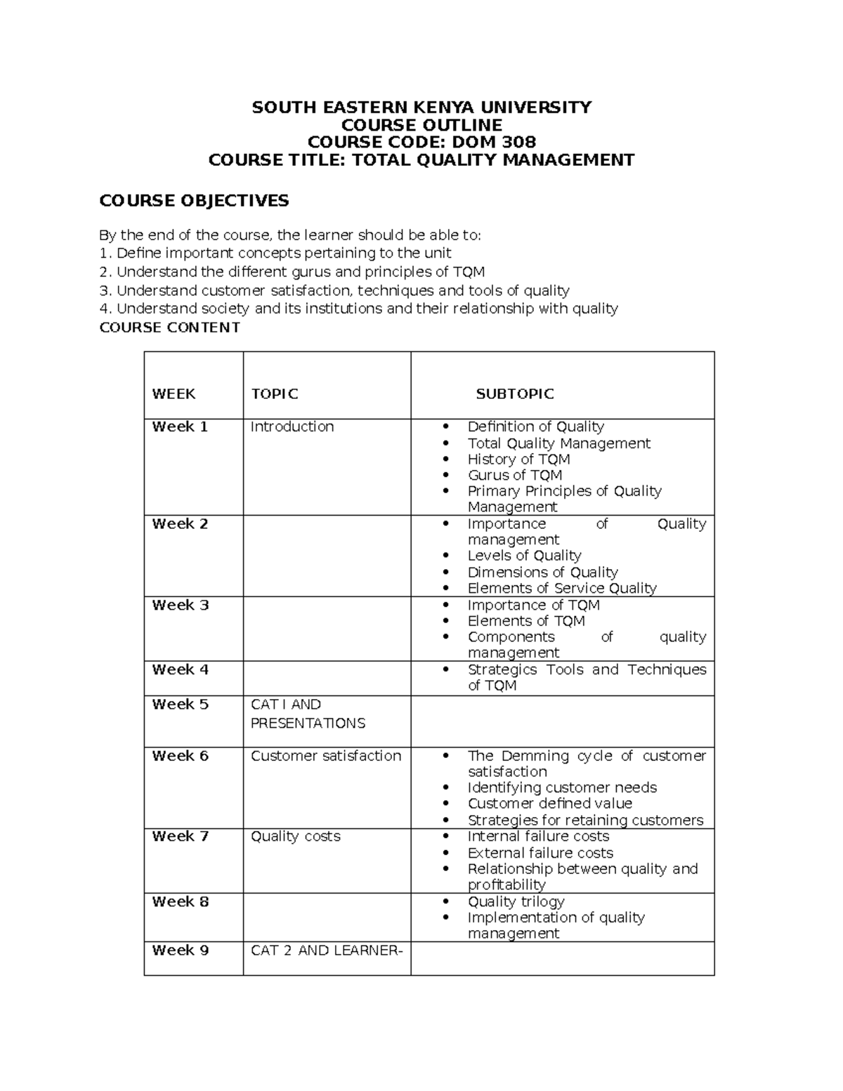 DOM 308 Course Outline - SOUTH EASTERN KENYA UNIVERSITY COURSE OUTLINE ...