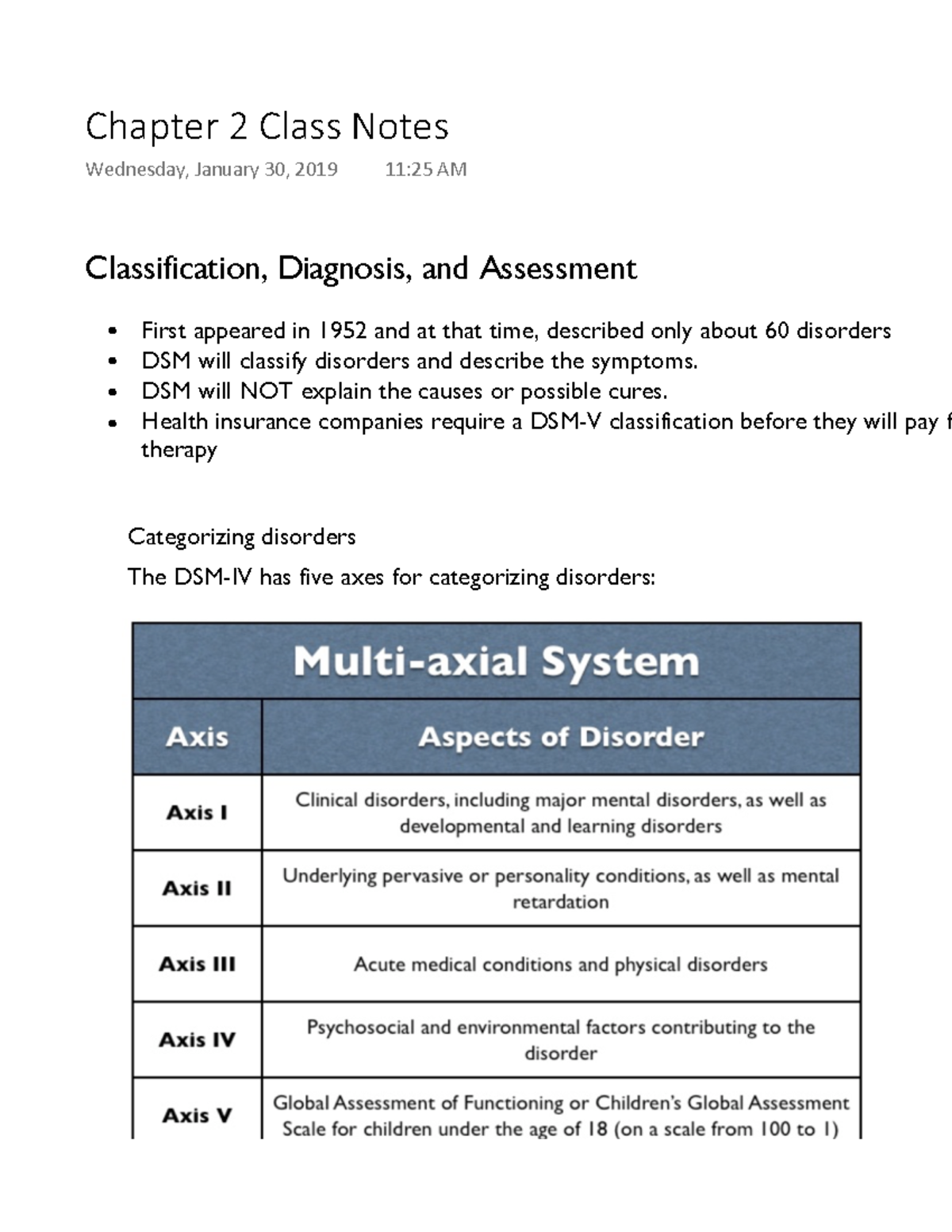 Chapter 2 Class Notes - Classification, Diagnosis, and Assessment First ...
